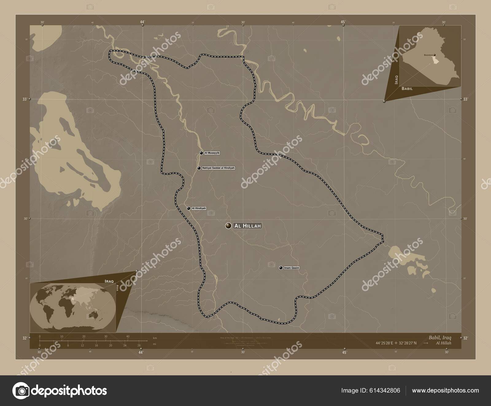 Babil Province Iraq Elevation Map Colored Sepia Tones Lakes Rivers ...