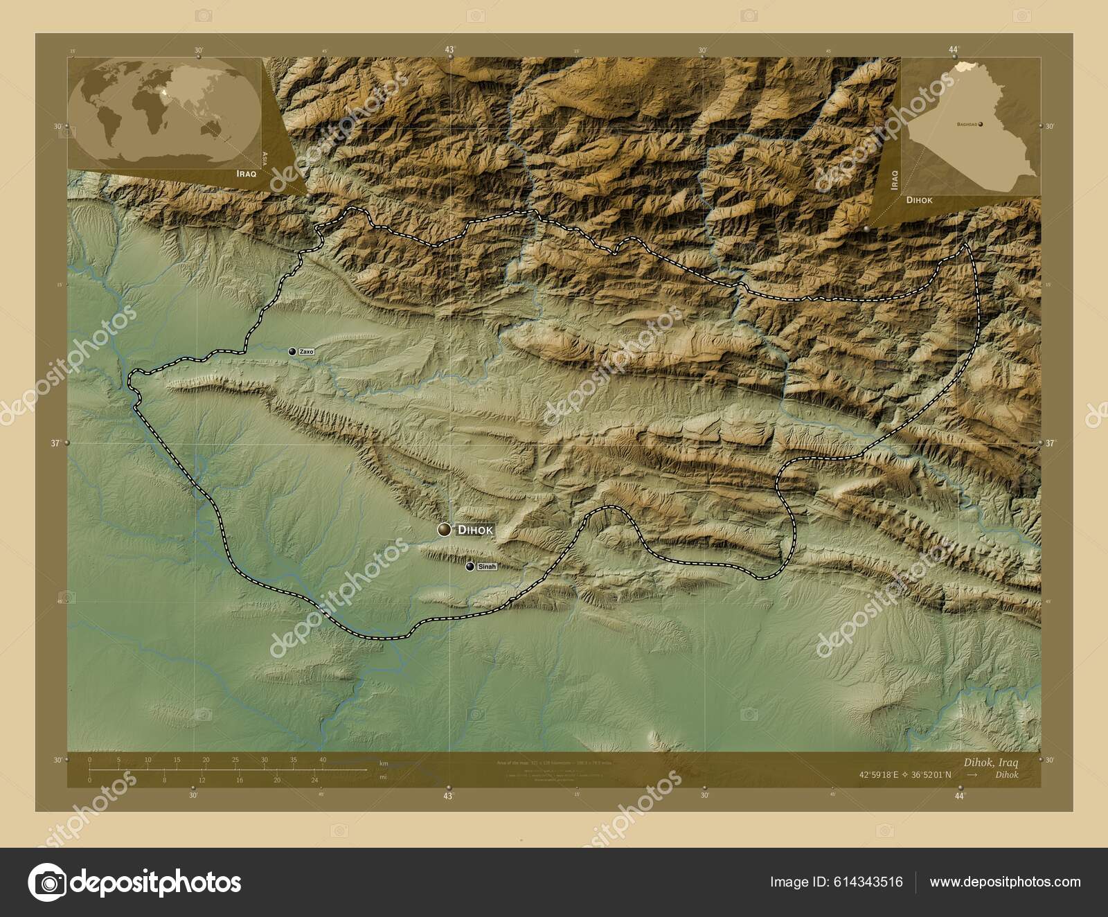 Dihok Province Iraq Colored Elevation Map Lakes Rivers Locations Names ...