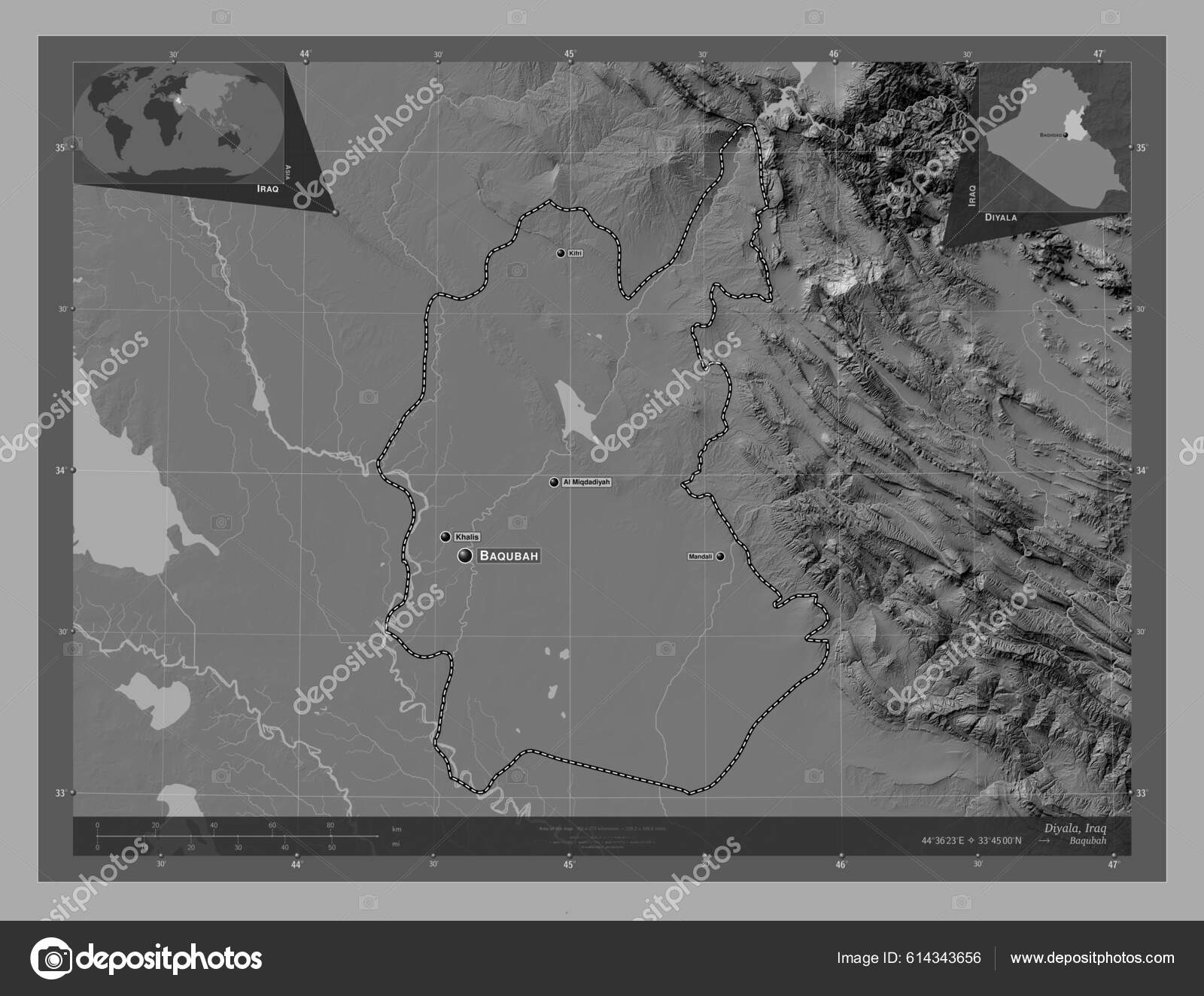 Diyala Province Iraq Bilevel Elevation Map Lakes Rivers Locations Names — Stock Photo © Yarr65 ...