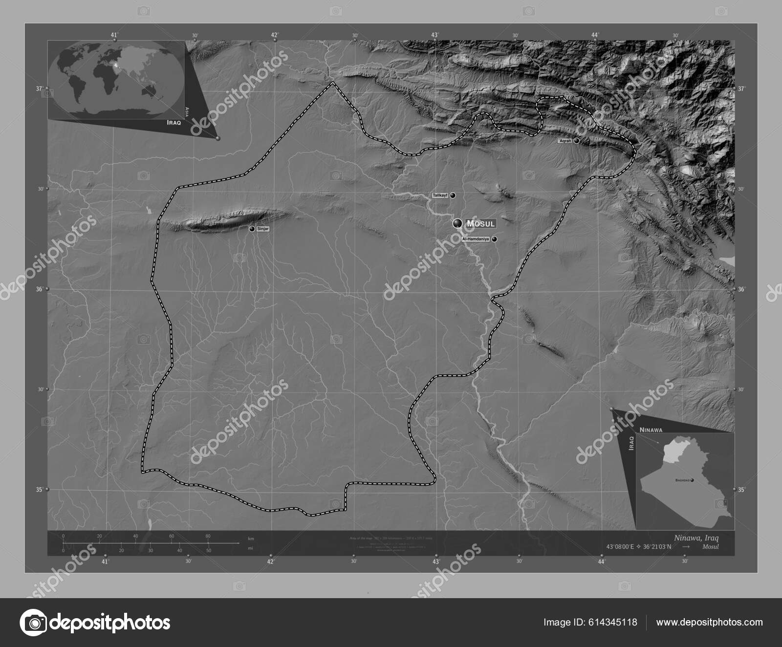 Ninawa Province Iraq Bilevel Elevation Map Lakes Rivers Locations Names — Stock Photo © Yarr65 ...