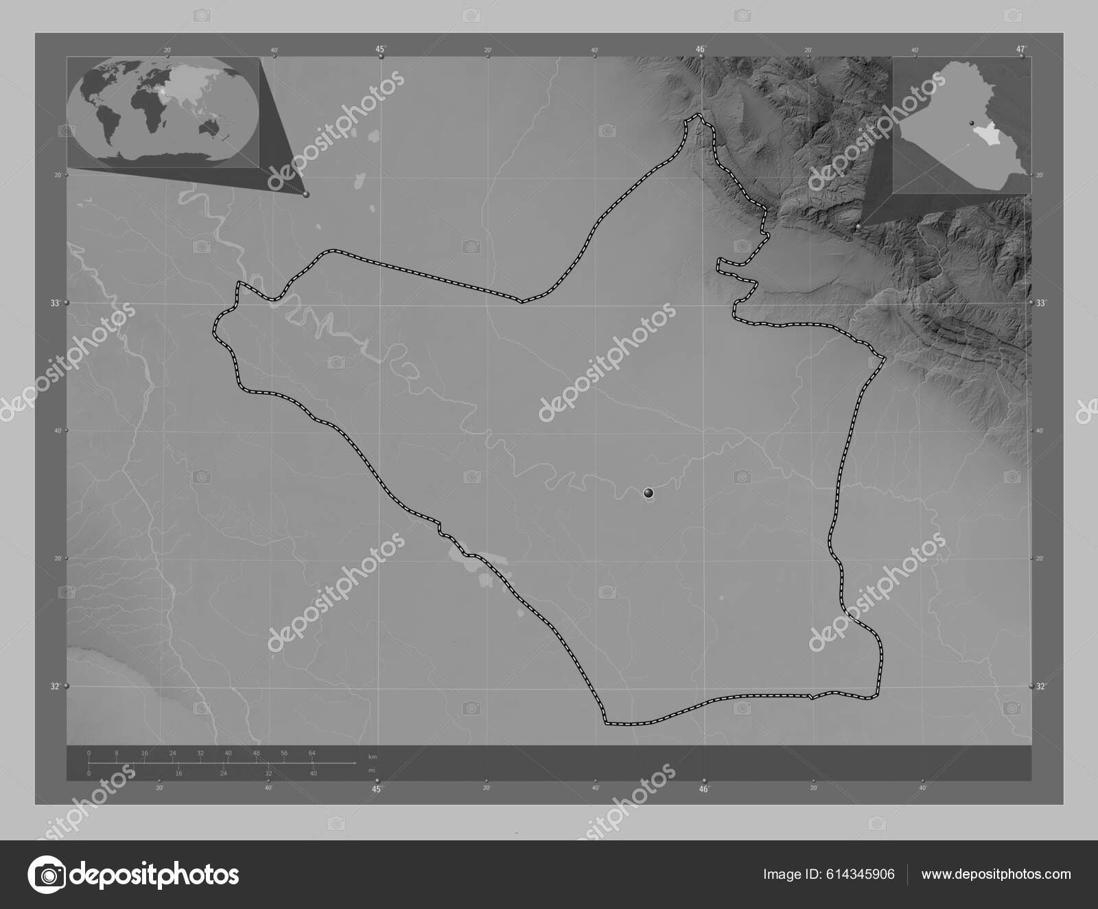 Wasit Province Iraq Grayscale Elevation Map Lakes Rivers Corner ...