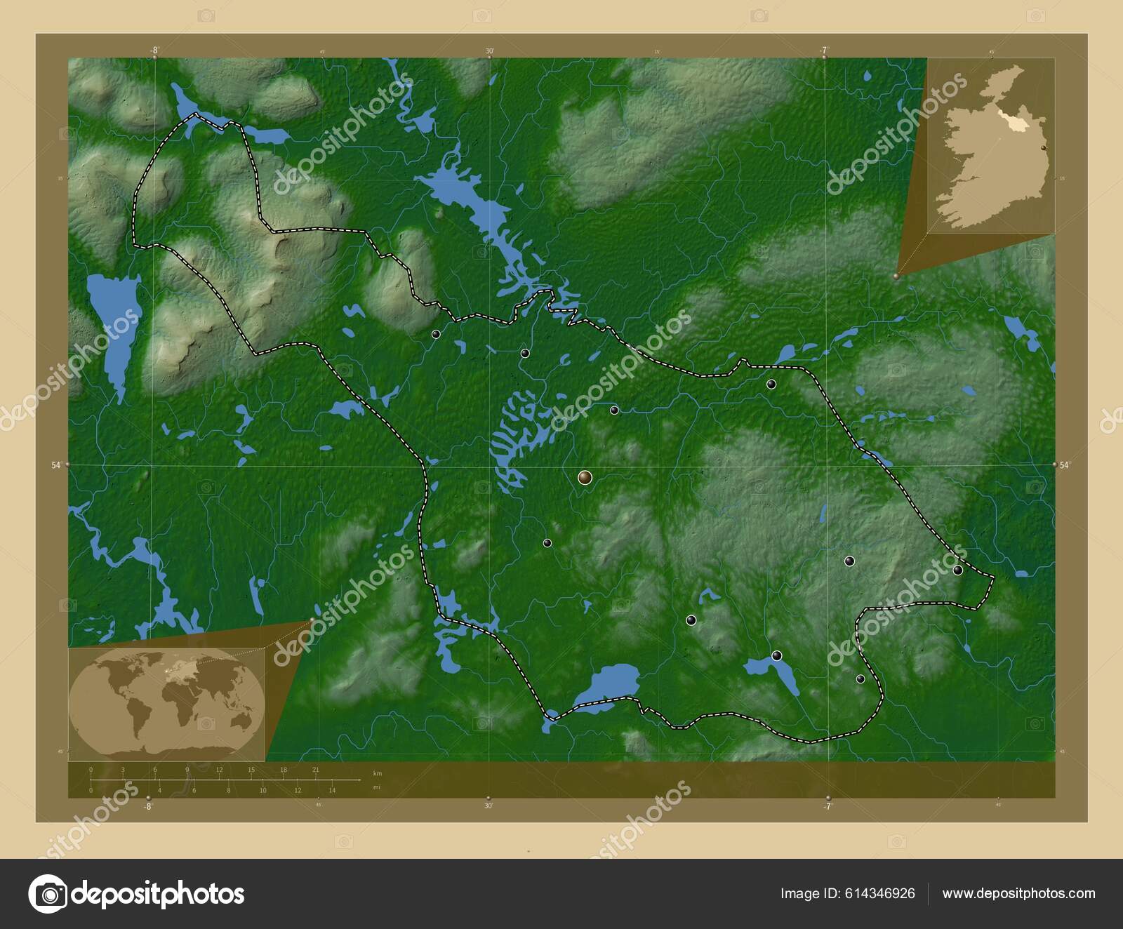 Cavan County Ireland Colored Elevation Map Lakes Rivers Locations Major ...