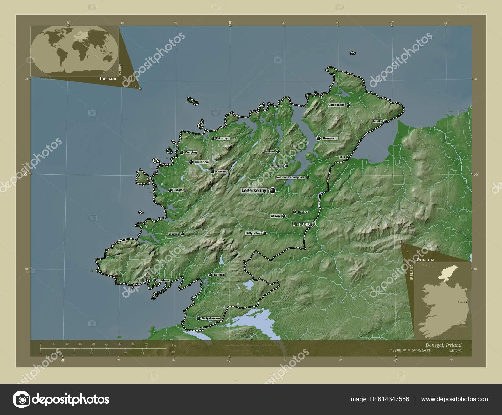 Donegal County Ireland Elevation Map Colored Wiki Style Lakes Rivers ...