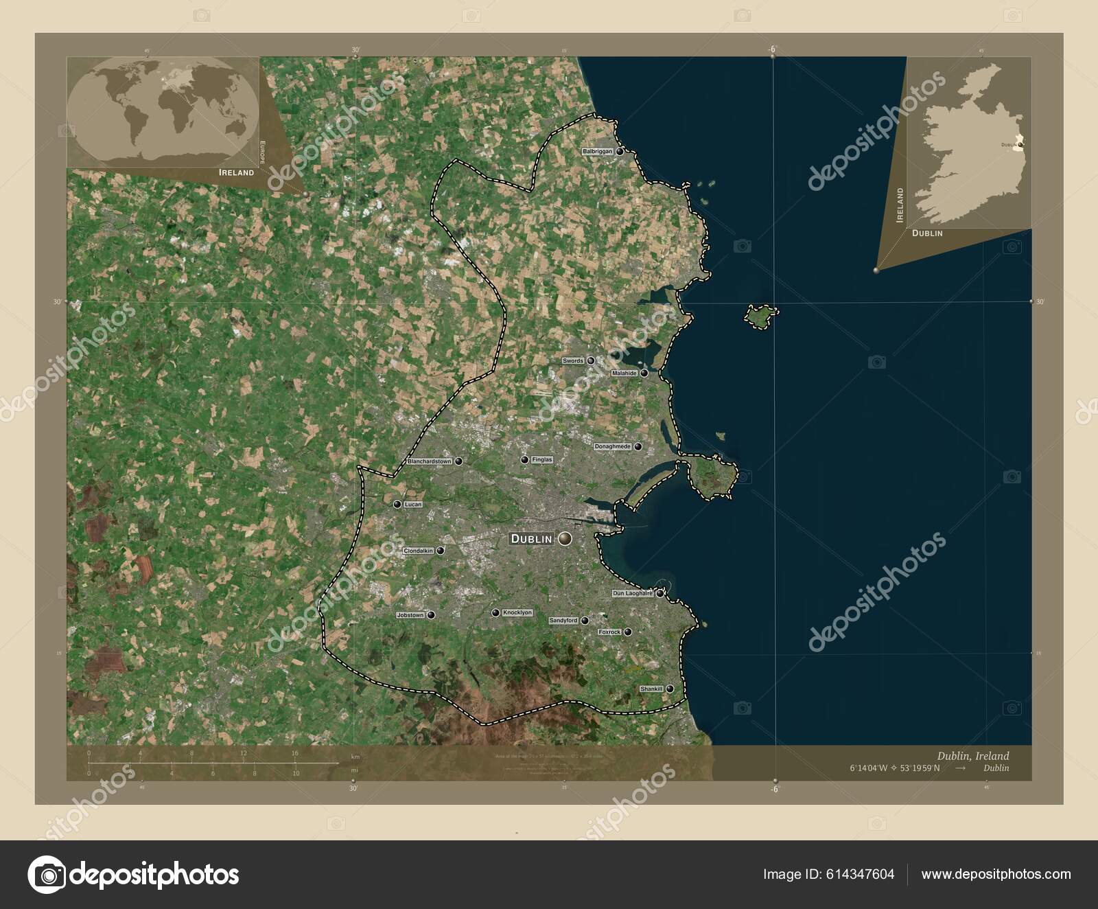 Dublin County Ireland High Resolution Satellite Map Locations Names ...