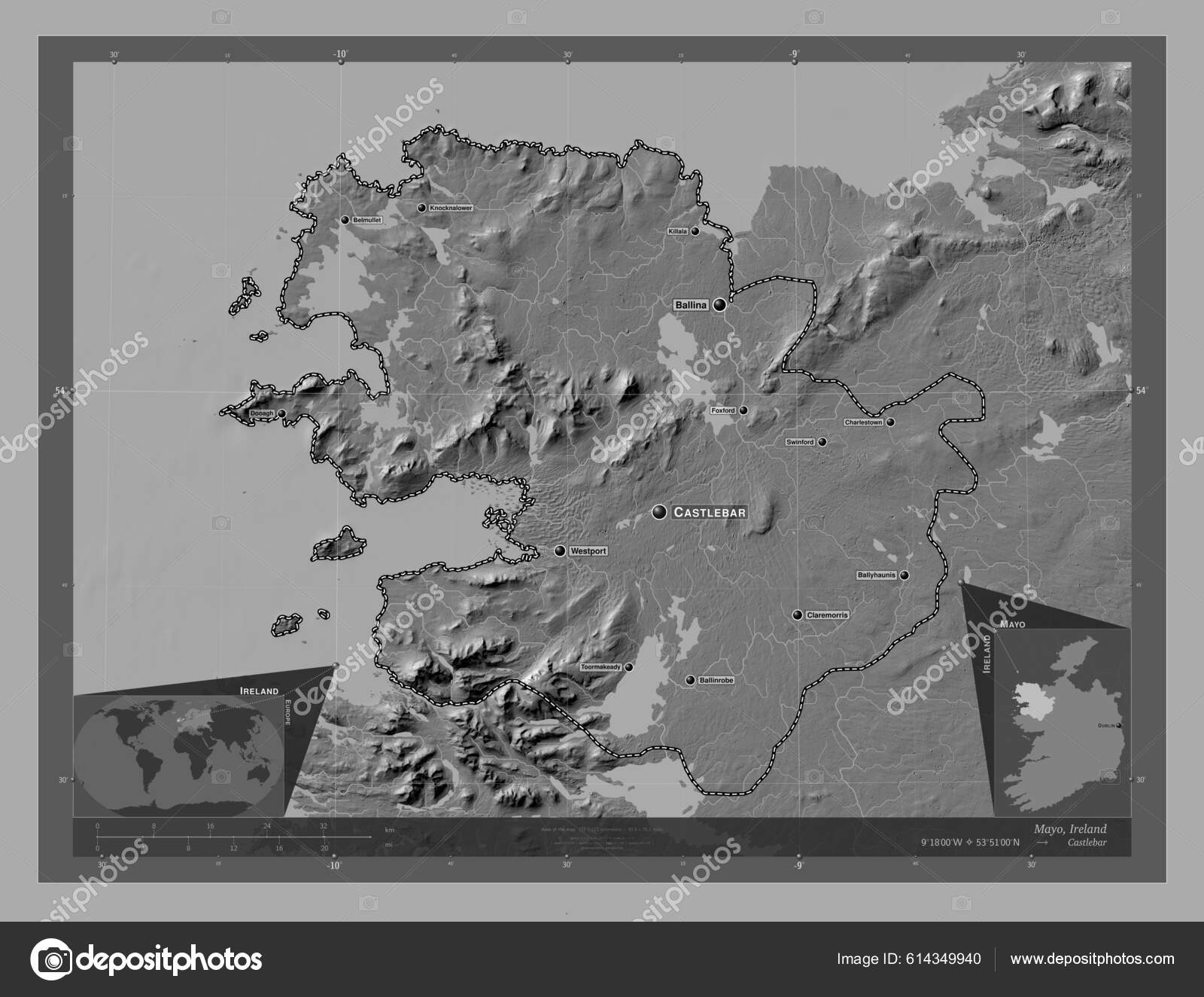 Mayo County Ireland Bilevel Elevation Map Lakes Rivers Locations Names ...