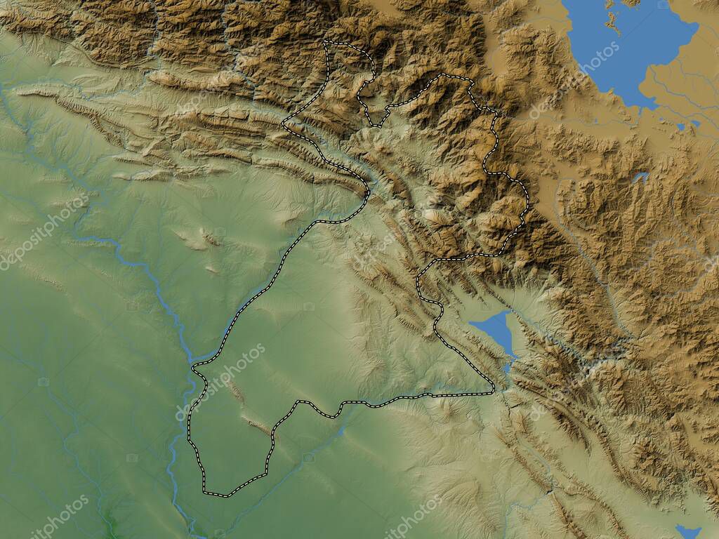 Arbil, provincia de Iraq. Mapa de elevación de colores con lagos y ríos ...
