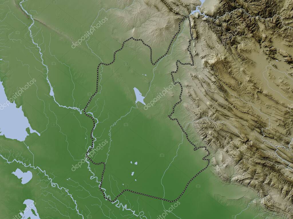Diyala, provincia de Iraq. Mapa de elevación coloreado en estilo wiki con lagos y ríos 2022