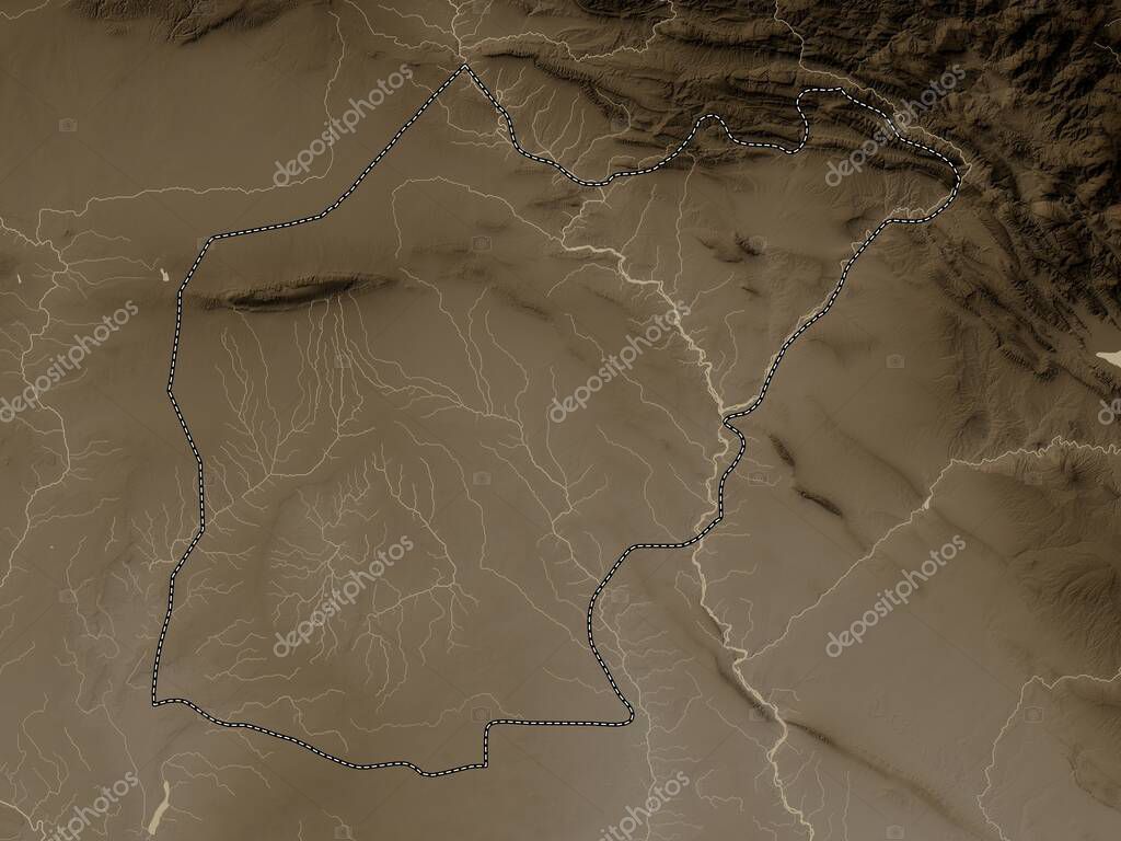 Ninawa, provincia de Iraq. Mapa de elevación coloreado en tonos sepia ...