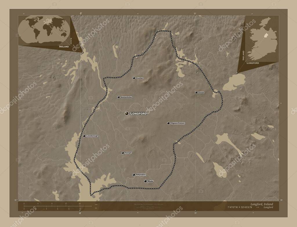 Longford, condado de Irlanda. Mapa de elevación coloreado en tonos ...