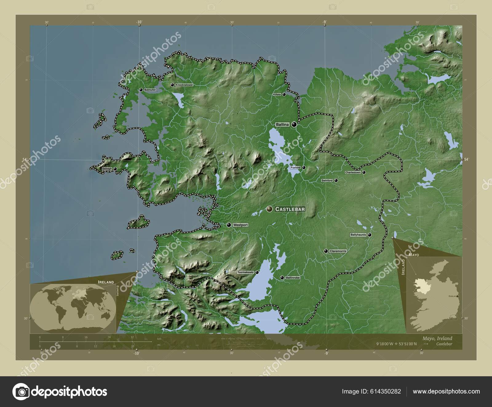 Mayo County Ireland Elevation Map Colored Wiki Style Lakes Rivers ...