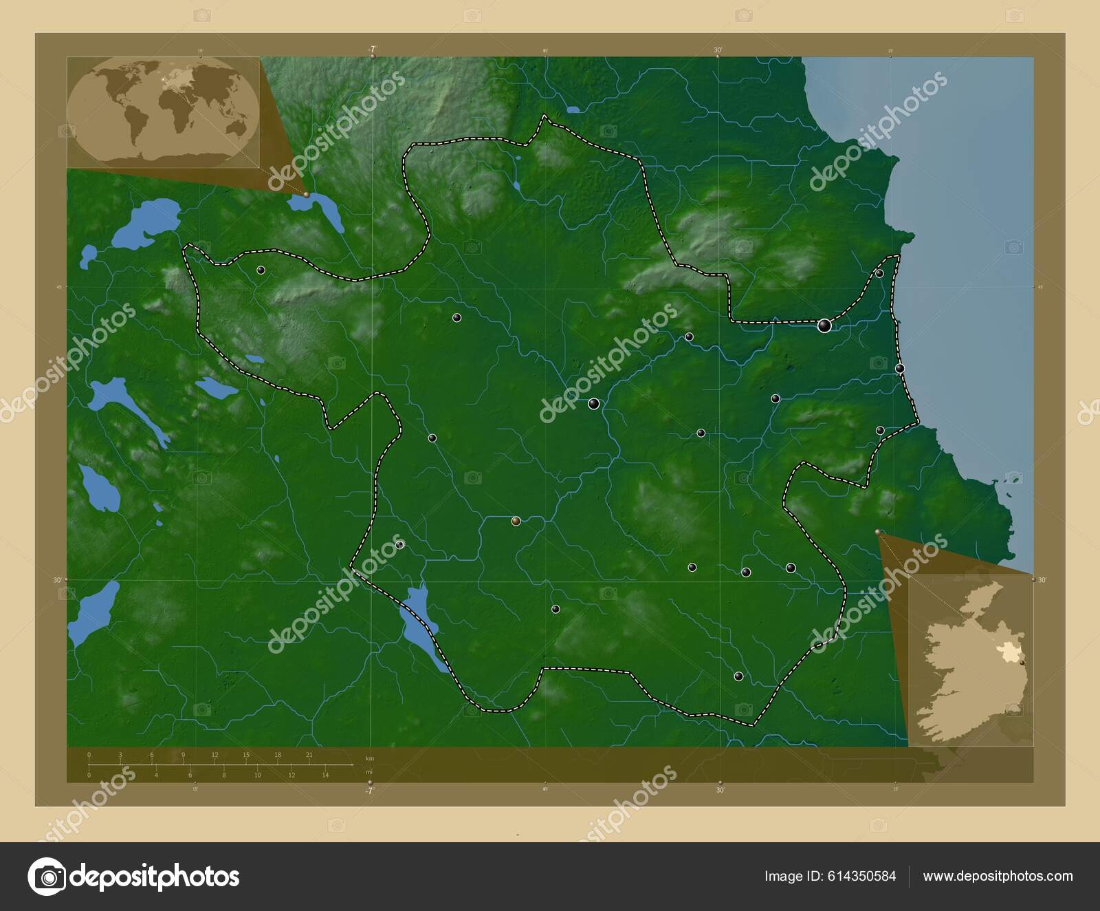 Meath County Ireland Colored Elevation Map Lakes Rivers Locations Major ...