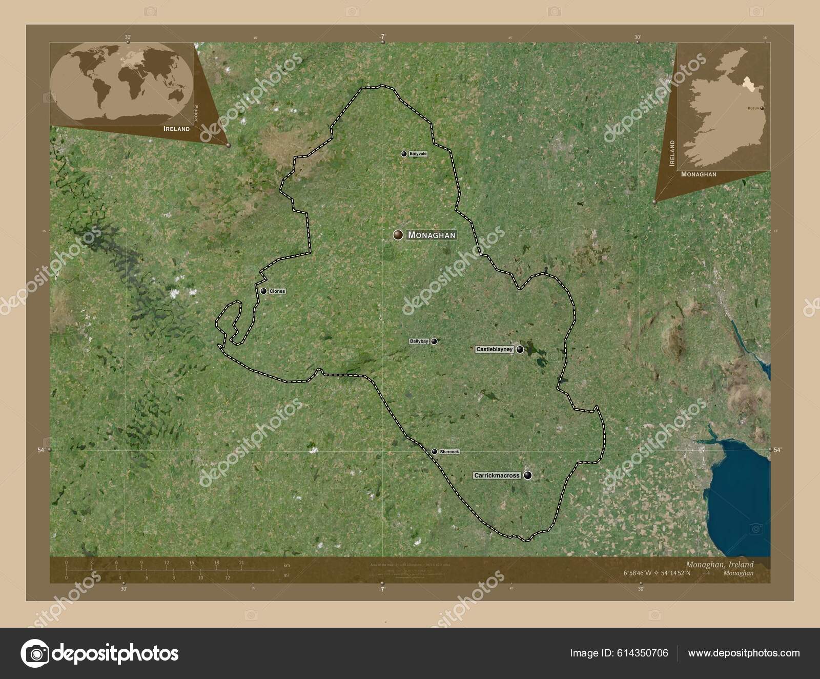Monaghan County Ireland Low Resolution Satellite Map Locations Names ...