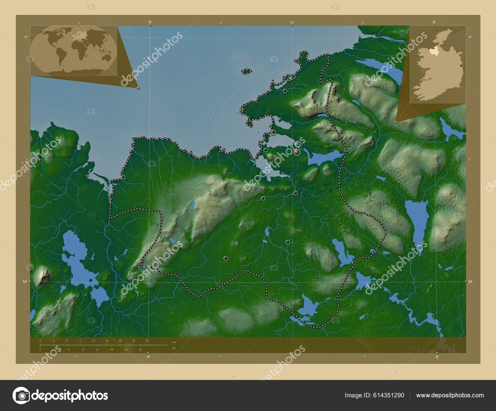 Sligo County Ireland Colored Elevation Map Lakes Rivers Locations Major ...
