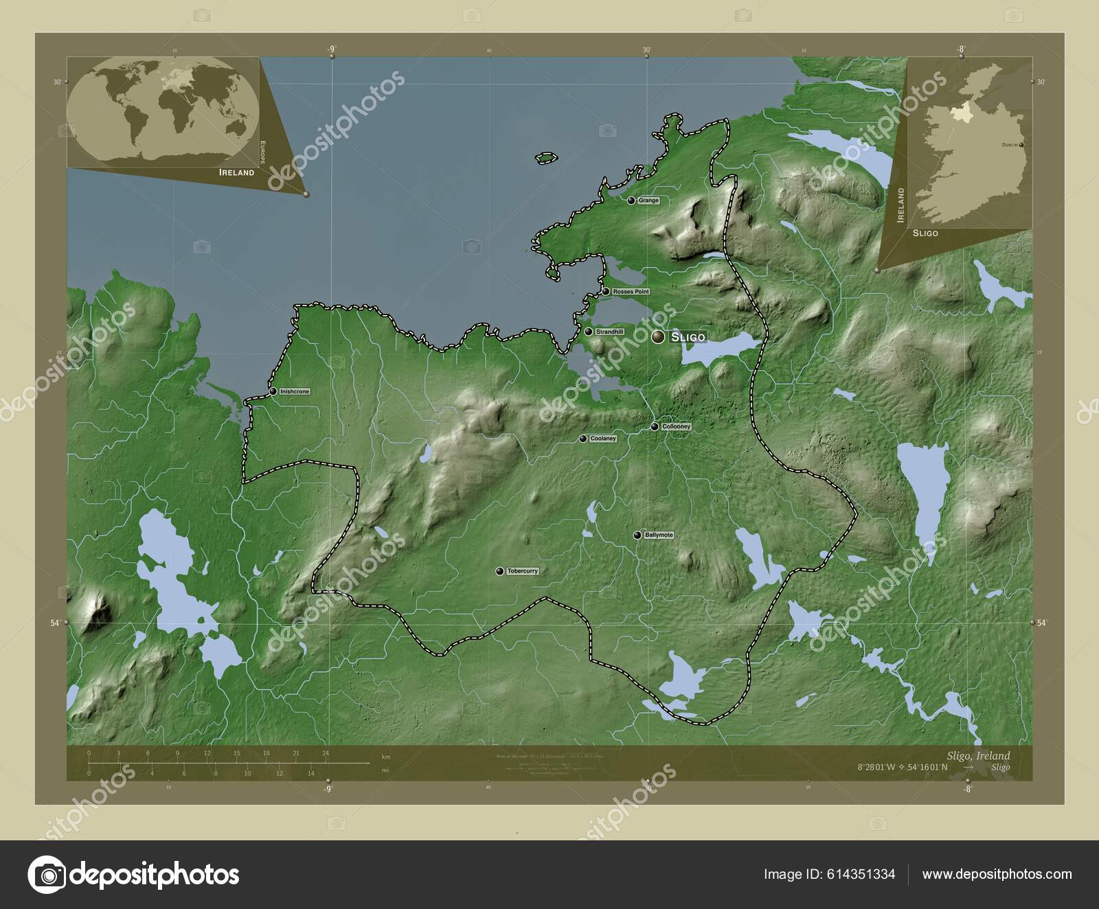Sligo County Ireland Elevation Map Colored Wiki Style Lakes Rivers ...