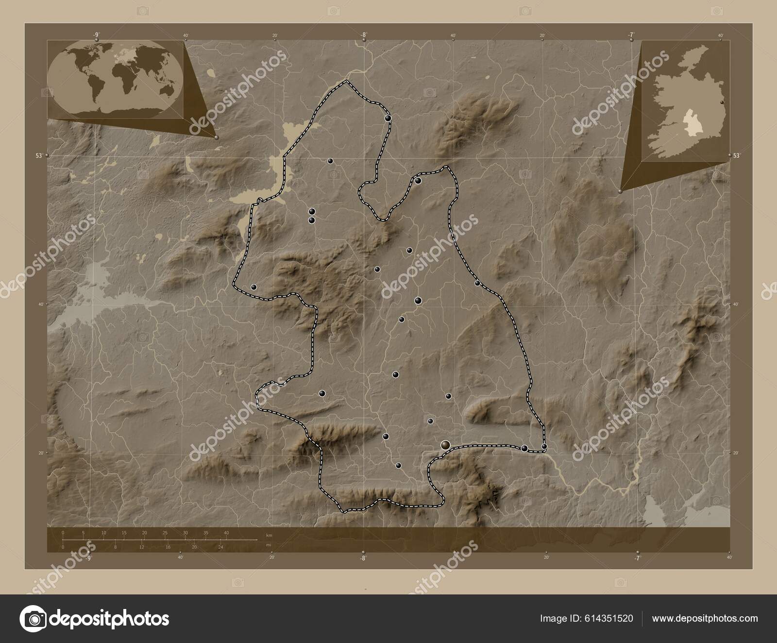 Tipperary County Ireland Elevation Map Colored Sepia Tones Lakes Rivers ...