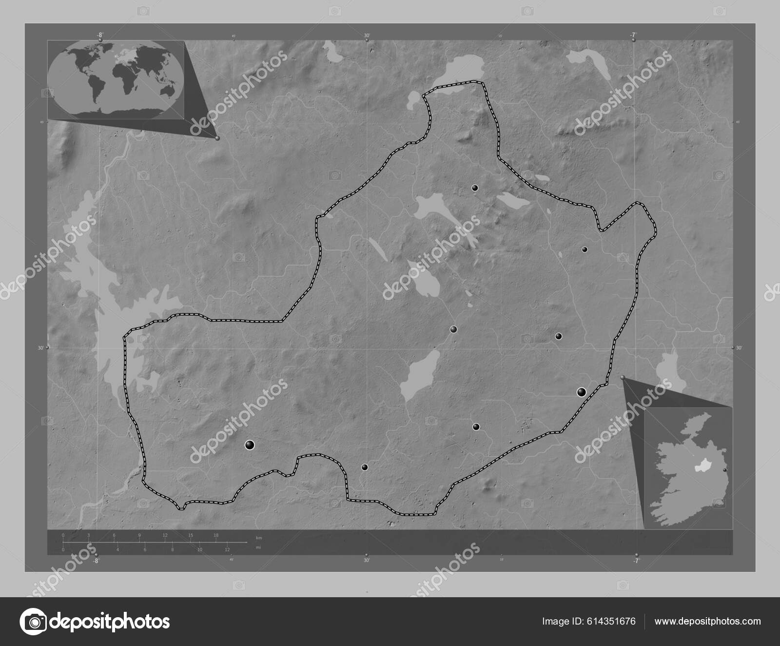 Westmeath County Ireland Grayscale Elevation Map Lakes Rivers Locations ...