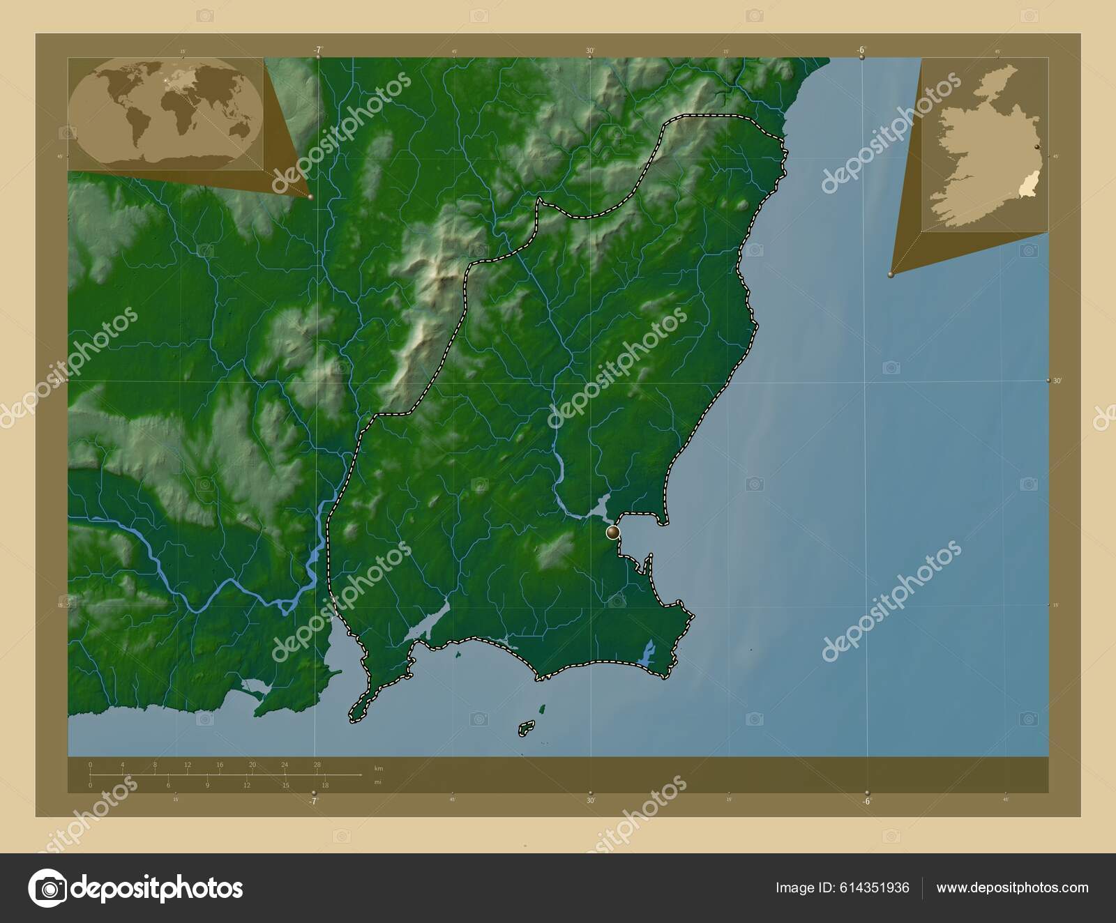 Wexford County Ireland Colored Elevation Map Lakes Rivers Corner ...