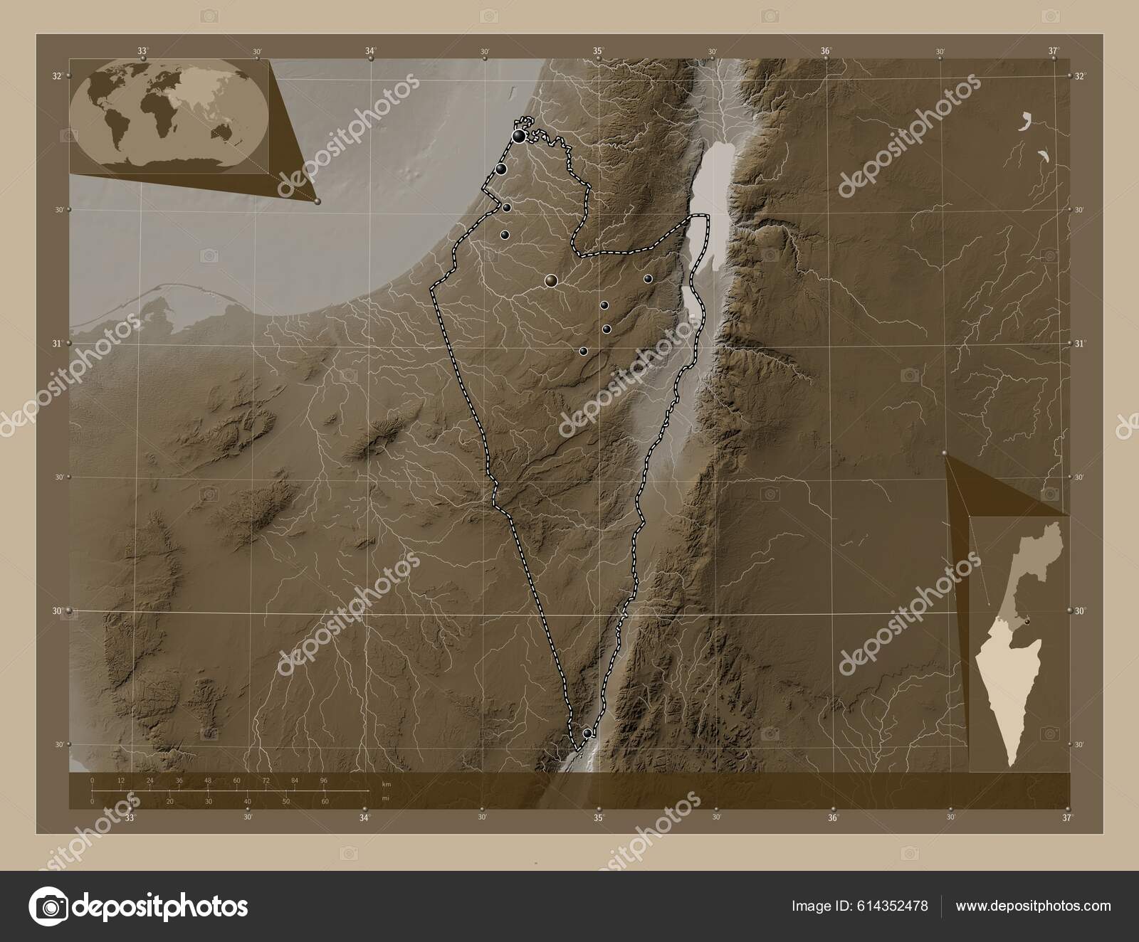 Hadarom District Israel Elevation Map Colored Sepia Tones Lakes Rivers ...