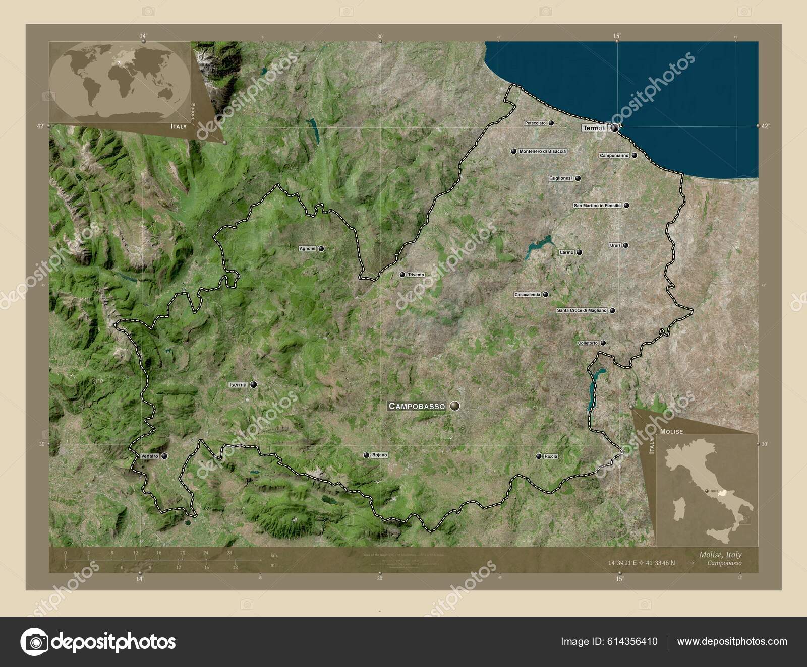 Molise Region Italy High Resolution Satellite Map Locations Names Major ...