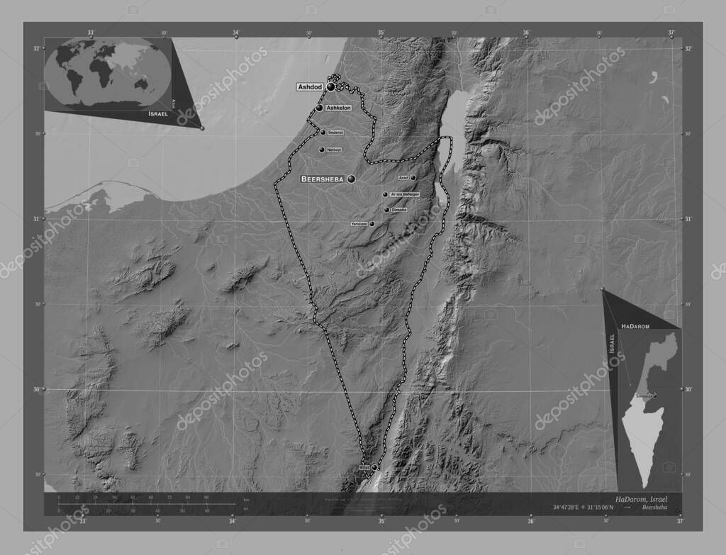 HaDarom, distrito de Israel. Mapa de elevación de Bilevel con lagos y ...