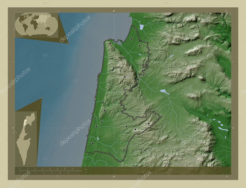 Haifa, distrito de Israel. Mapa de elevación coloreado en estilo wiki ...