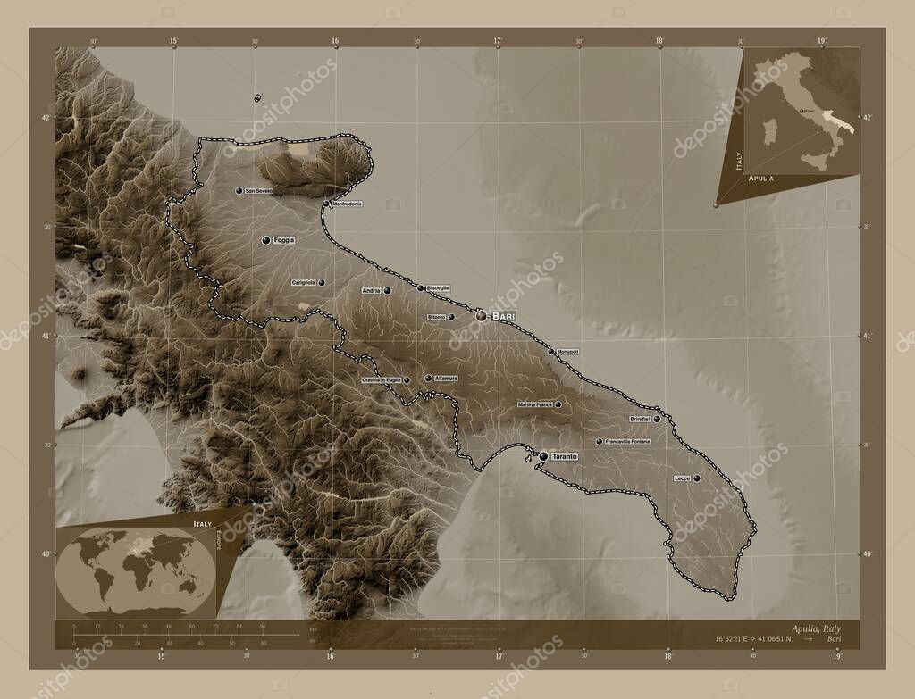 Apulia, región de Italia. Mapa de elevación coloreado en tonos sepia ...