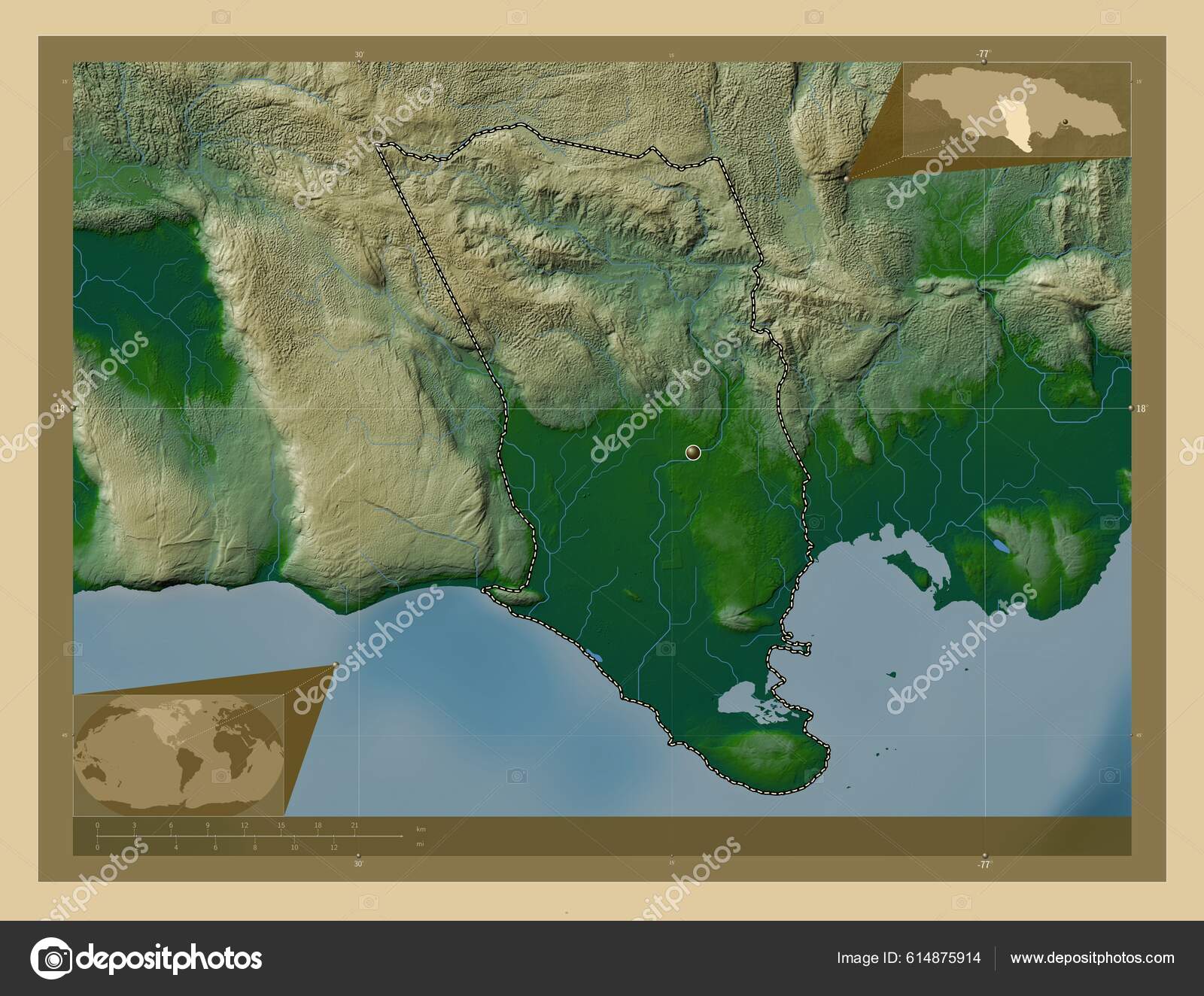 Clarendon Parish Jamaica Colored Elevation Map Lakes Rivers Corner ...