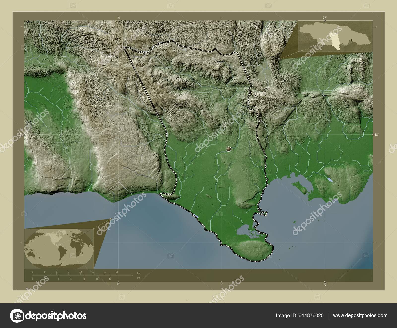 Clarendon Parish Jamaica Elevation Map Colored Wiki Style Lakes Rivers ...