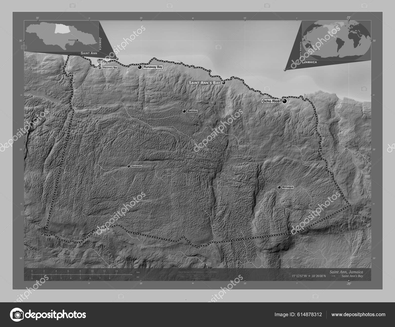 Saint Ann Parish Jamaica Grayscale Elevation Map Lakes Rivers Locations ...