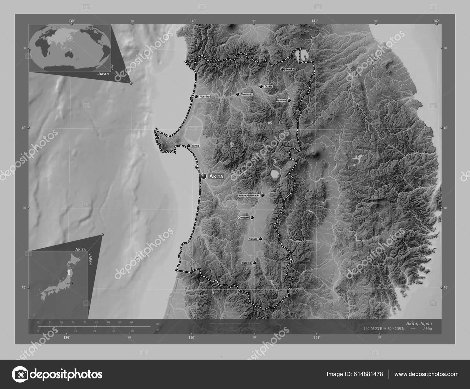 Akita Prefecture Japan Grayscale Elevation Map Lakes Rivers Locations ...