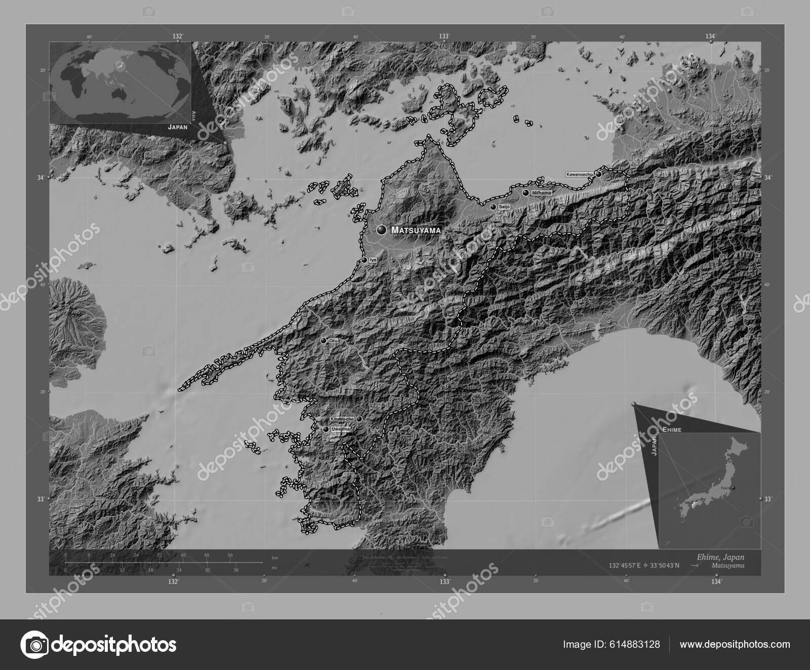 Ehime Prefecture Japan Bilevel Elevation Map Lakes Rivers Locations ...