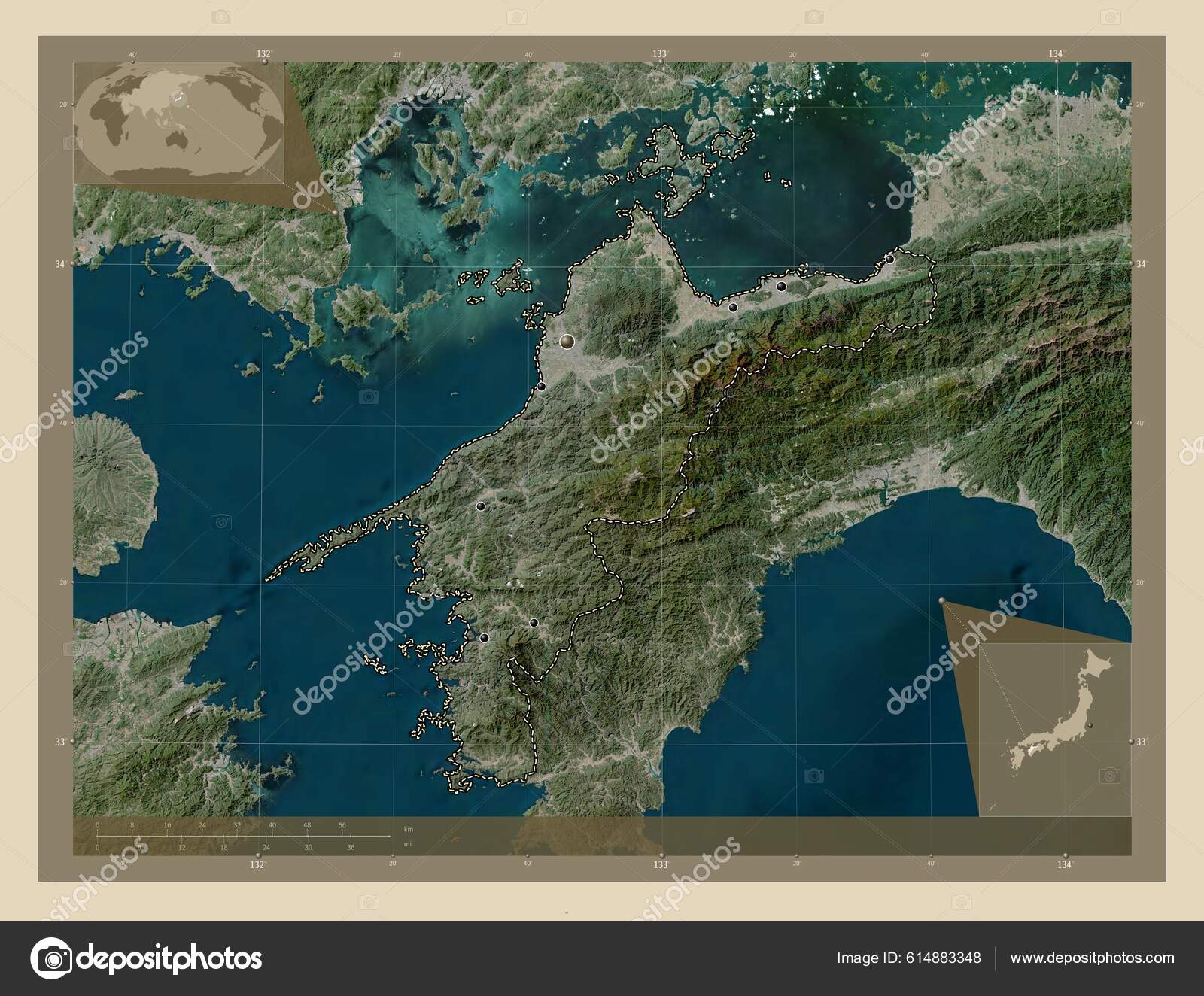 Ehime Prefecture Japan High Resolution Satellite Map Locations Major ...