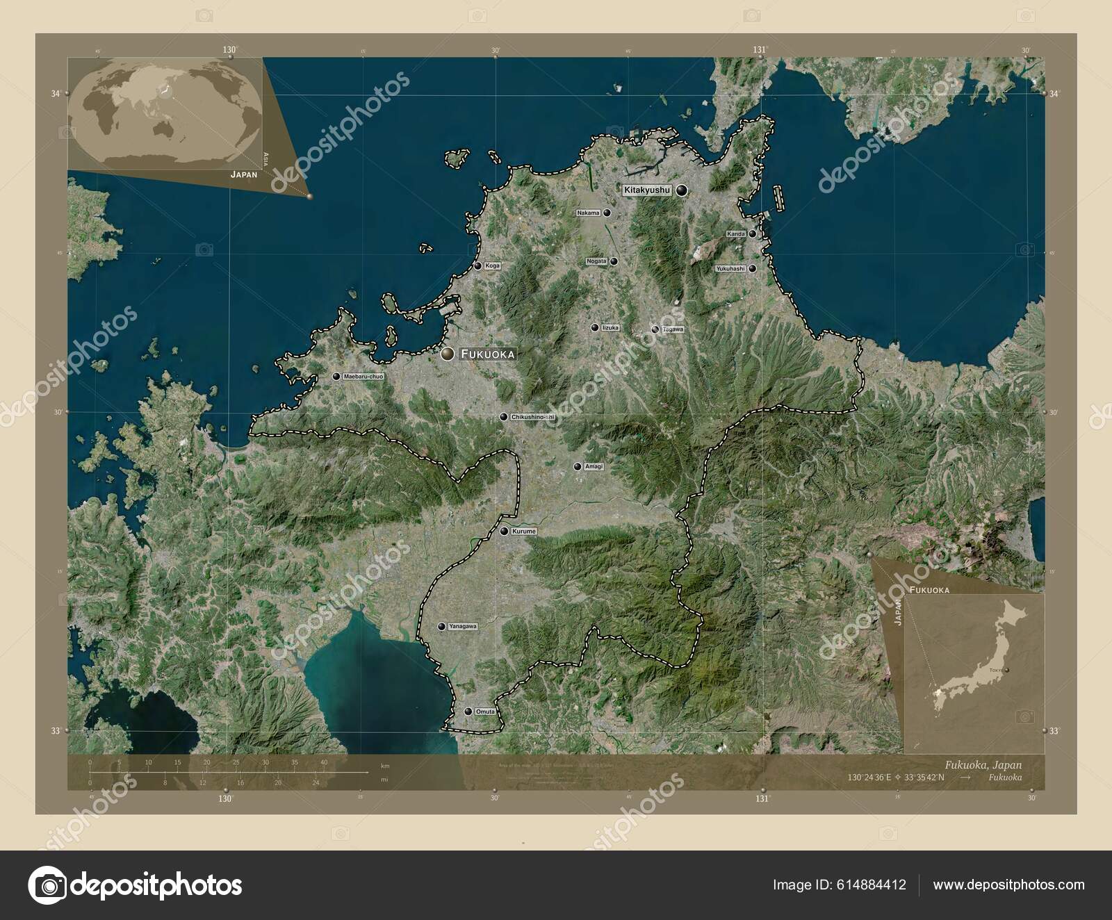 Fukuoka Prefecture Japan High Resolution Satellite Map Locations Names ...