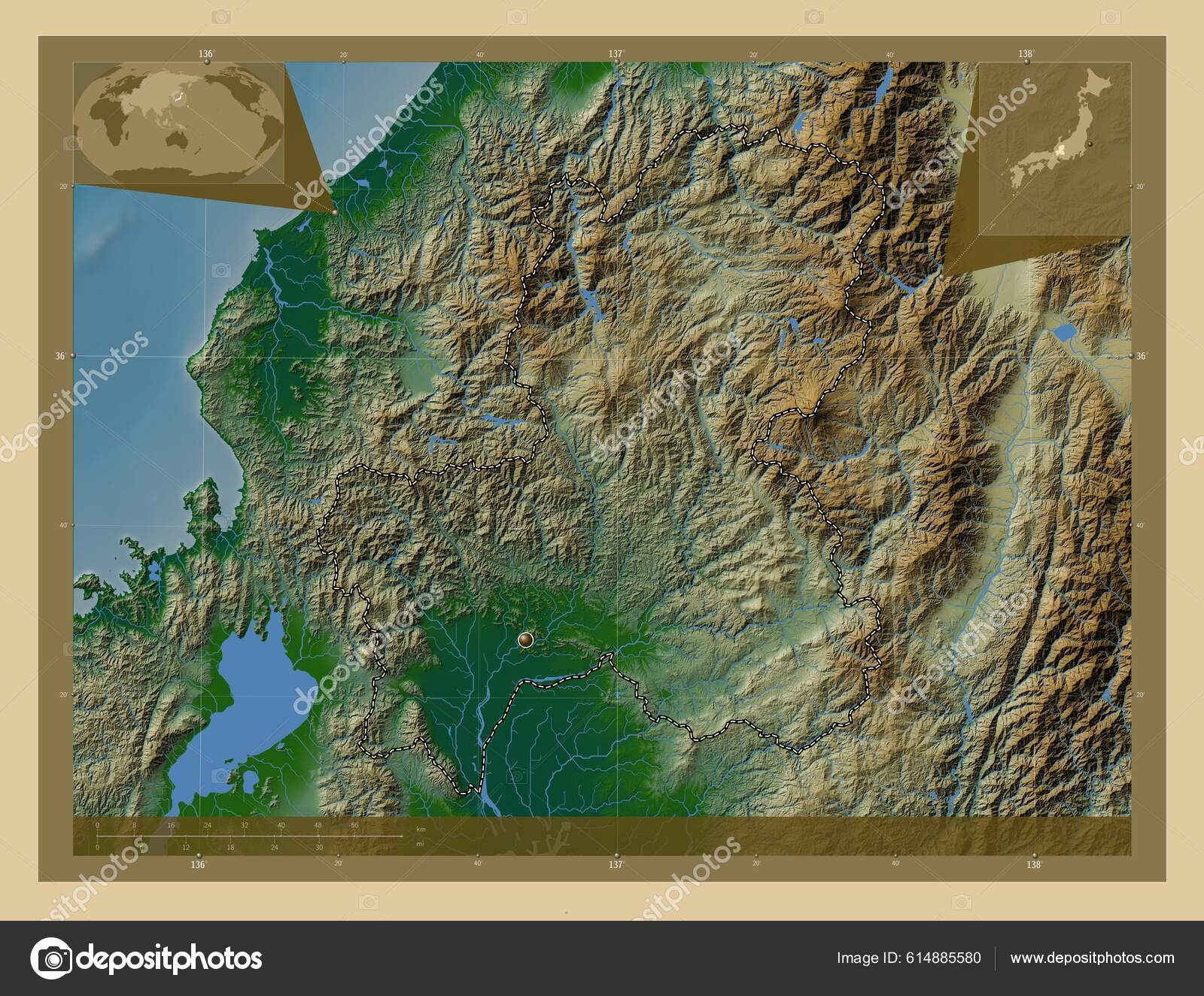 Gifu Prefecture Japan Colored Elevation Map Lakes Rivers Corner ...