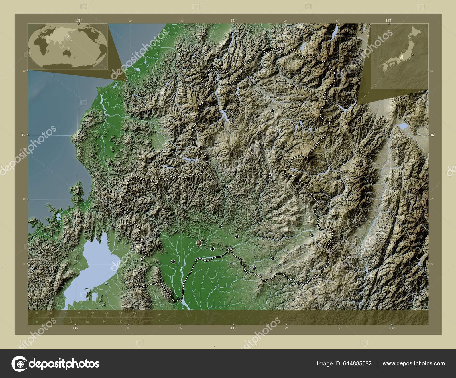 Gifu Prefecture Japan Elevation Map Colored Wiki Style Lakes Rivers ...