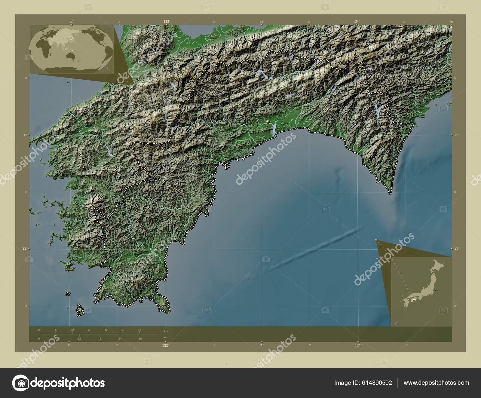 Kochi Prefecture Japan Elevation Map Colored Wiki Style Lakes Rivers ...
