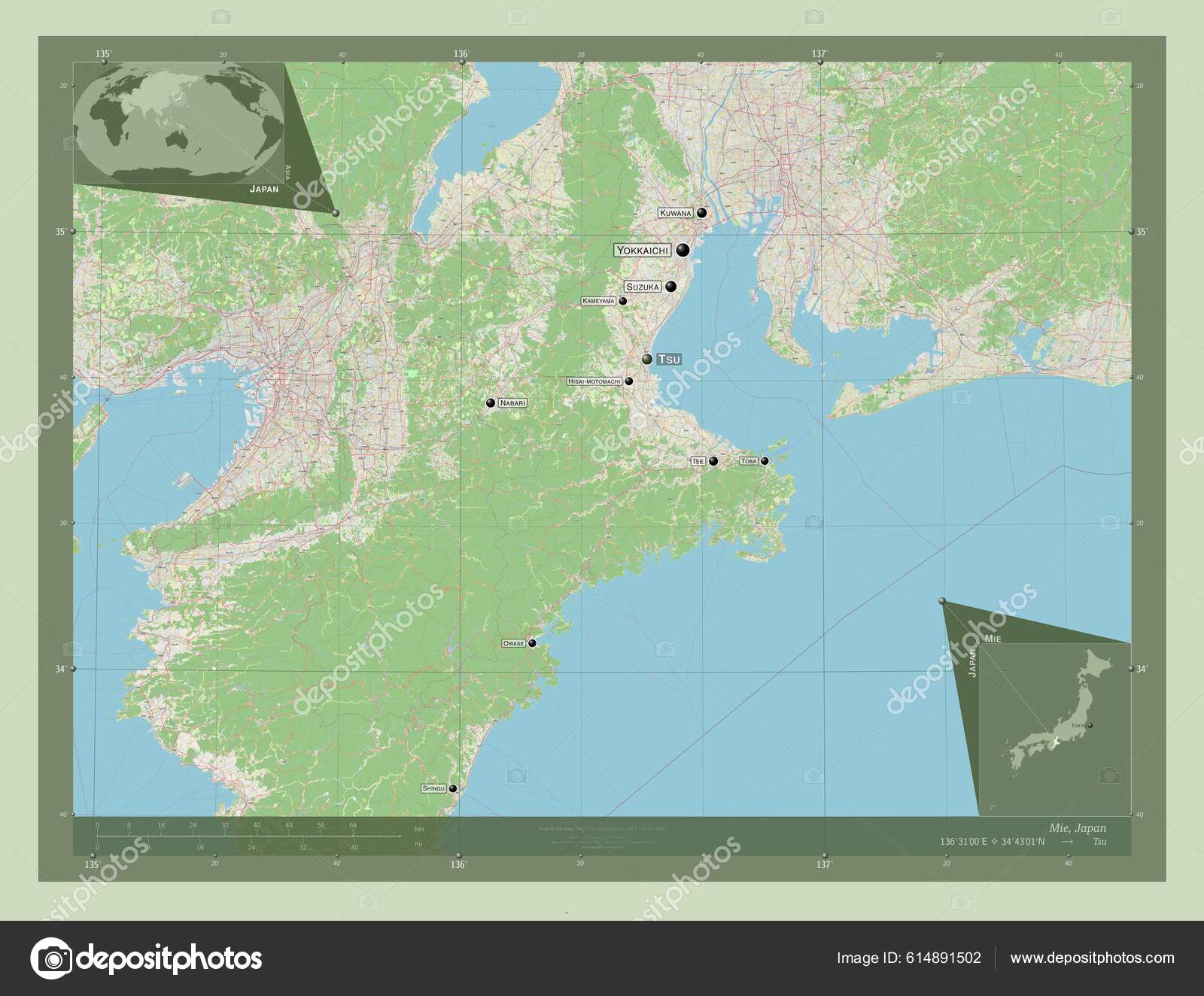 Mie Prefecture Japan Open Street Map Locations Names Major Cities Stock ...