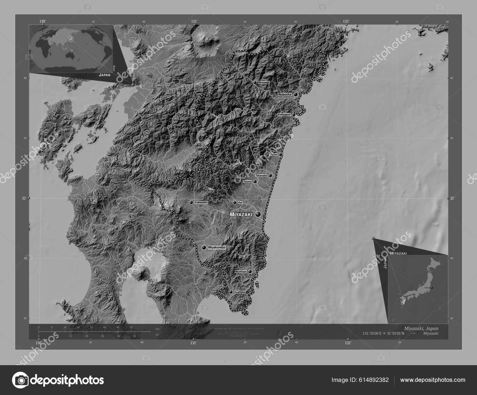 Miyazaki Prefecture Japan Bilevel Elevation Map Lakes Rivers Locations ...