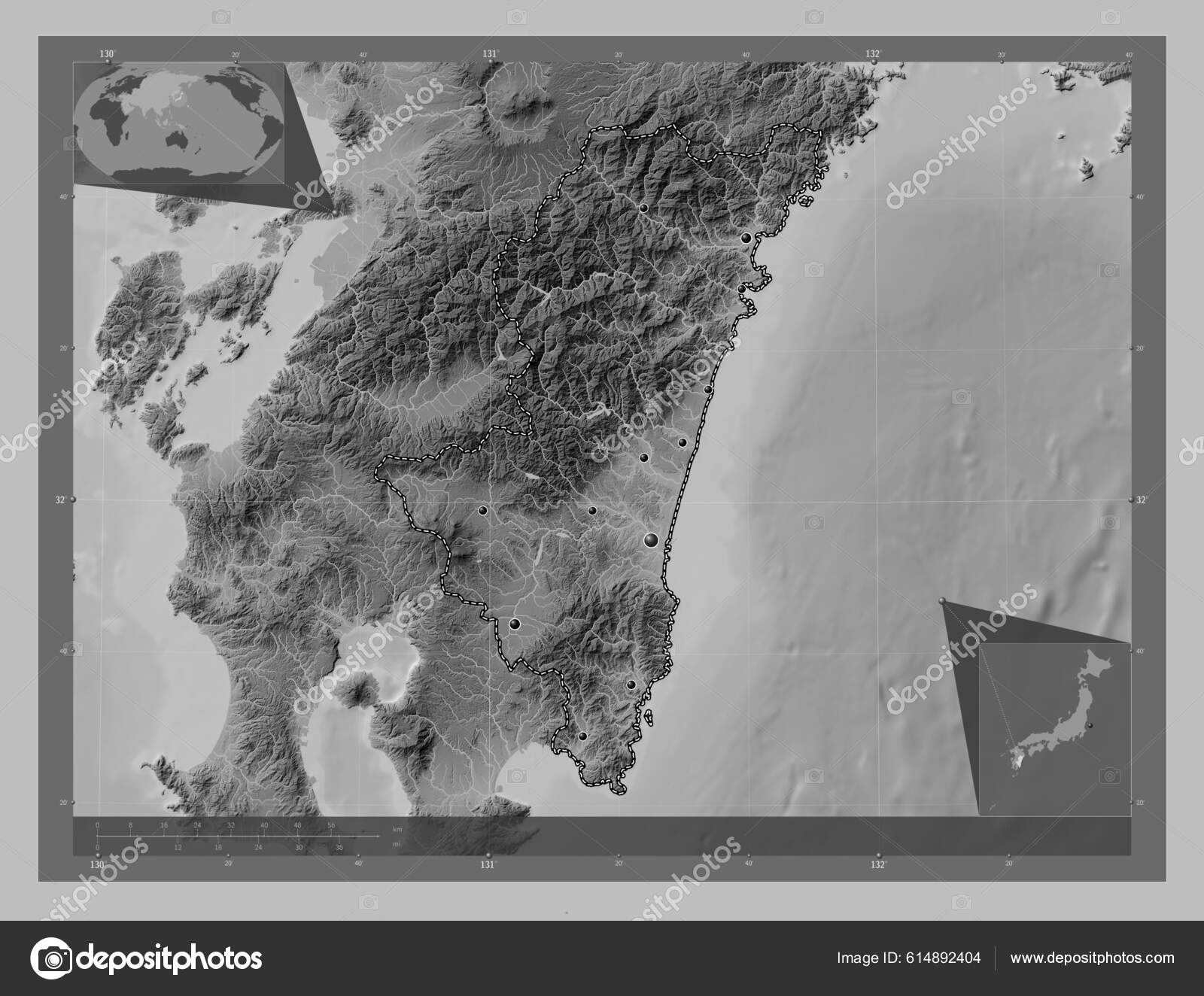 Miyazaki Prefecture Japan Grayscale Elevation Map Lakes Rivers ...