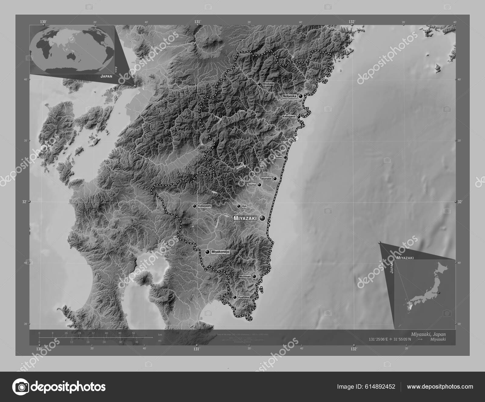 Miyazaki Prefecture Japan Grayscale Elevation Map Lakes Rivers ...