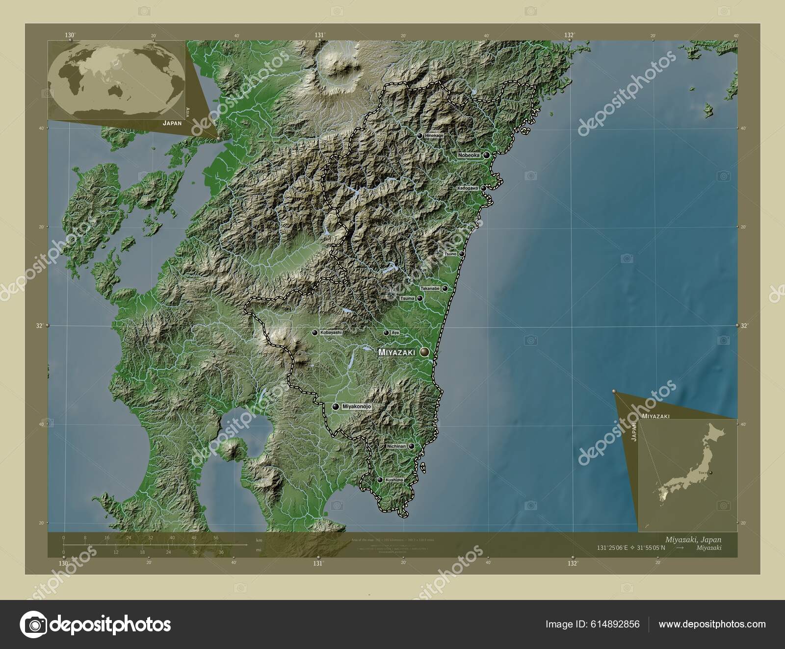 Miyazaki Prefecture Japan Elevation Map Colored Wiki Style Lakes Rivers ...