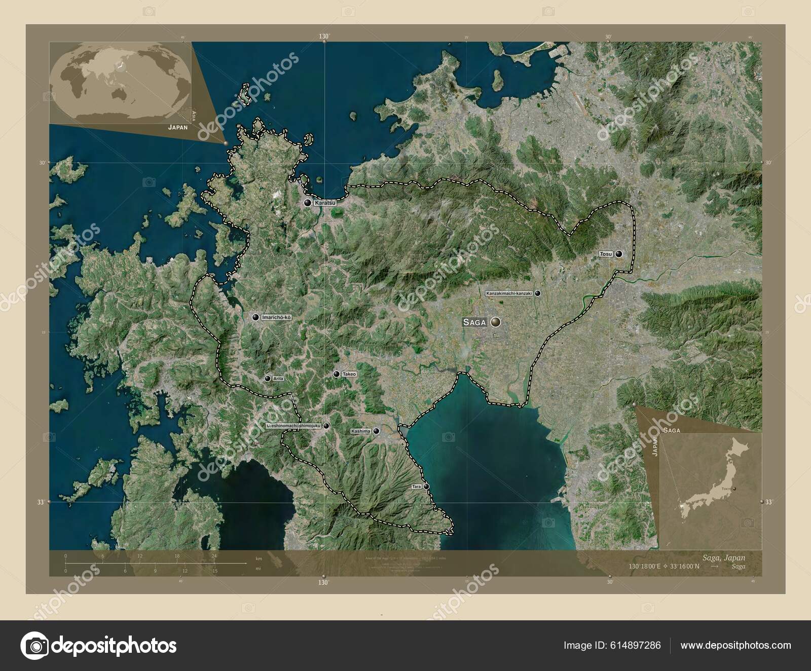 Saga Prefecture Japan High Resolution Satellite Map Locations Names ...