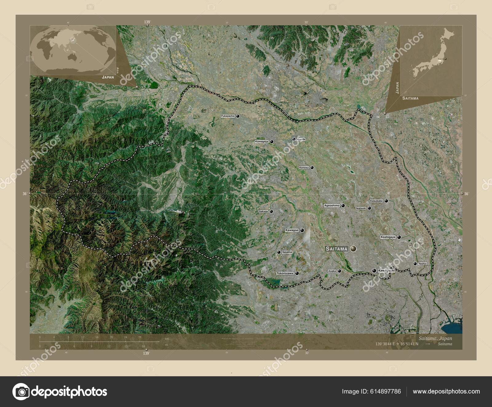 Saitama Prefecture Japan High Resolution Satellite Map Locations Names ...