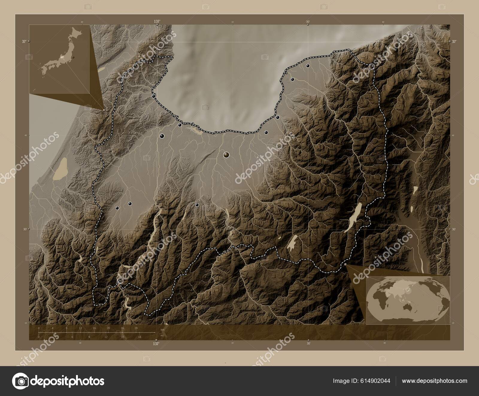 Toyama Prefecture Japan Elevation Map Colored Sepia Tones Lakes Rivers ...