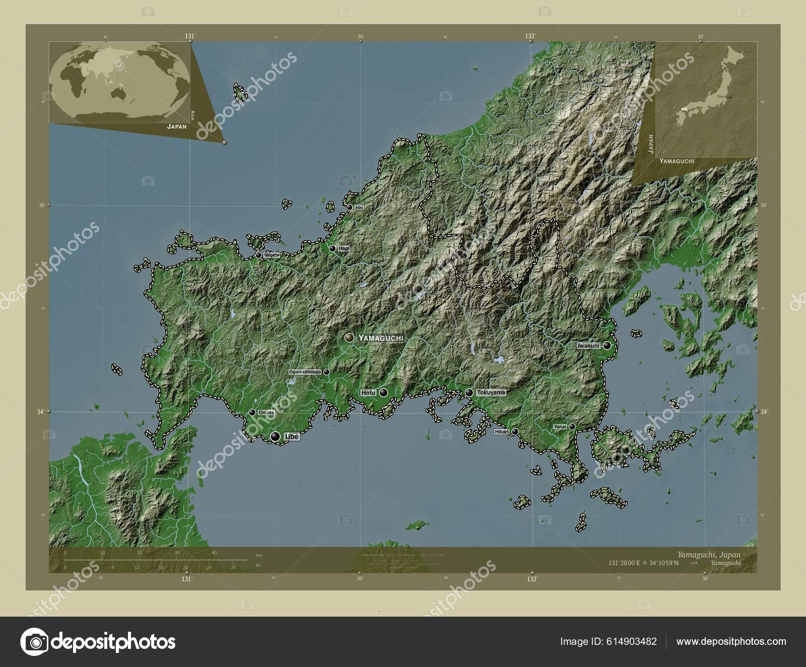 Yamaguchi Prefecture Japan Elevation Map Colored Wiki Style Lakes ...