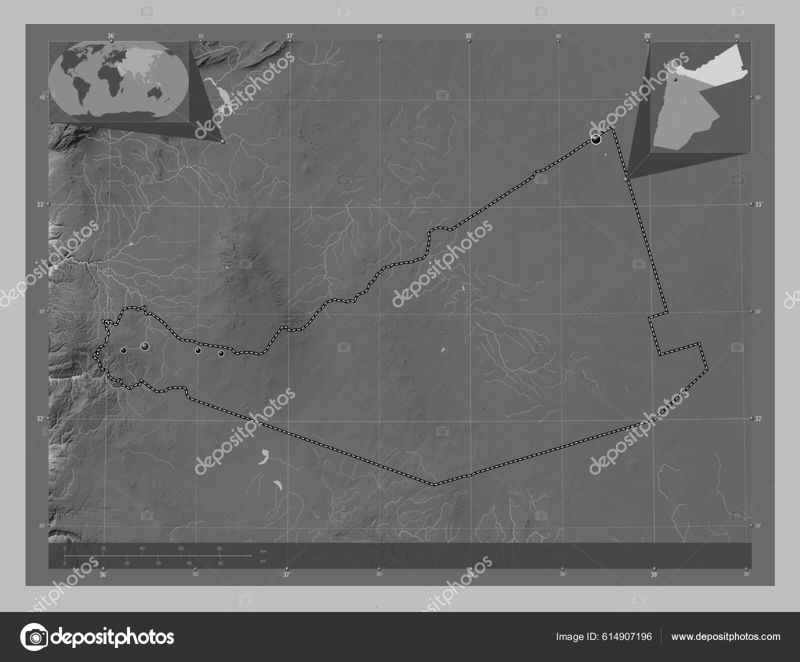 Mafraq Province Jordan Grayscale Elevation Map Lakes Rivers Locations ...