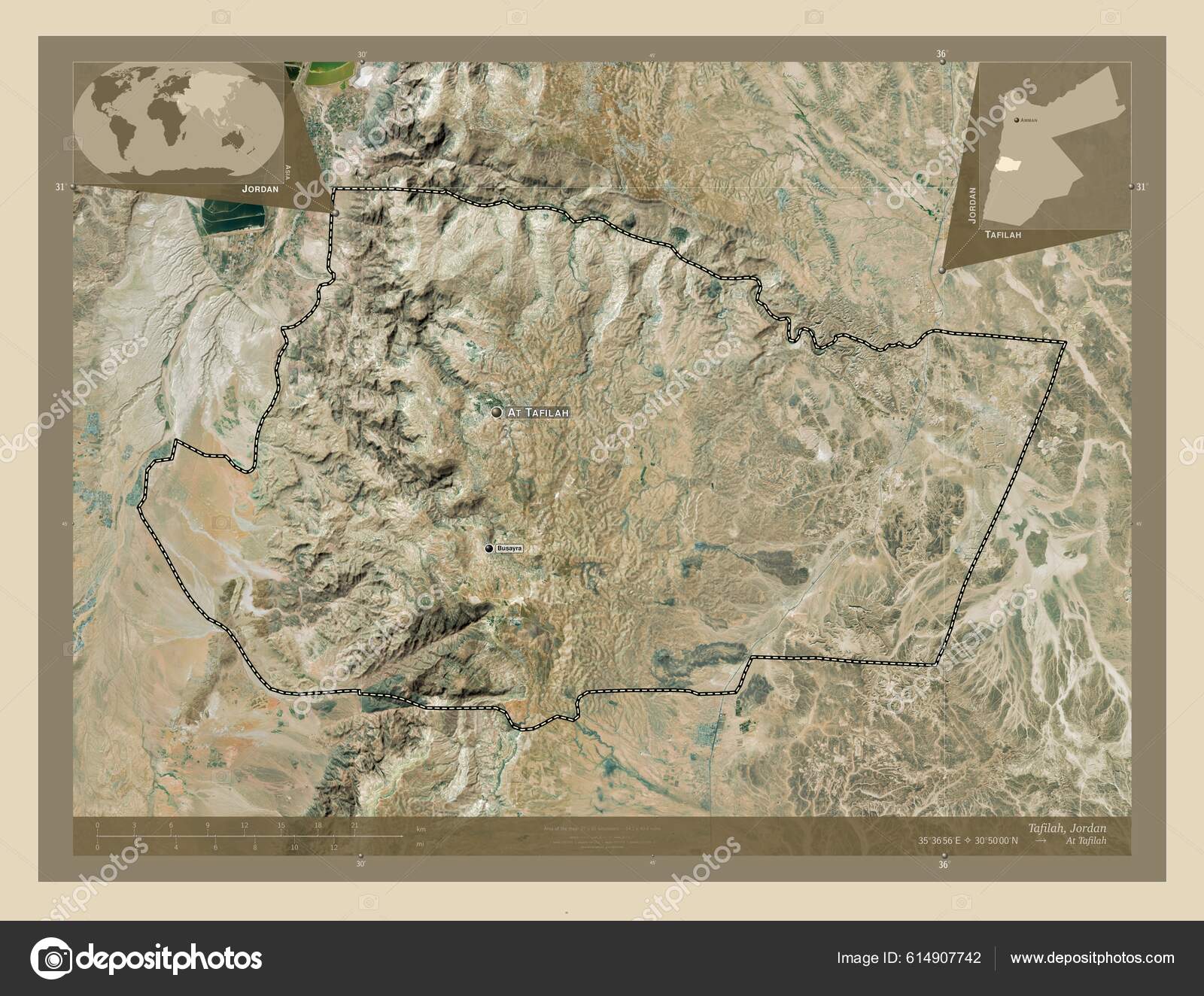 Tafilah Province Jordan High Resolution Satellite Map Locations Names Major — Stock Photo ...
