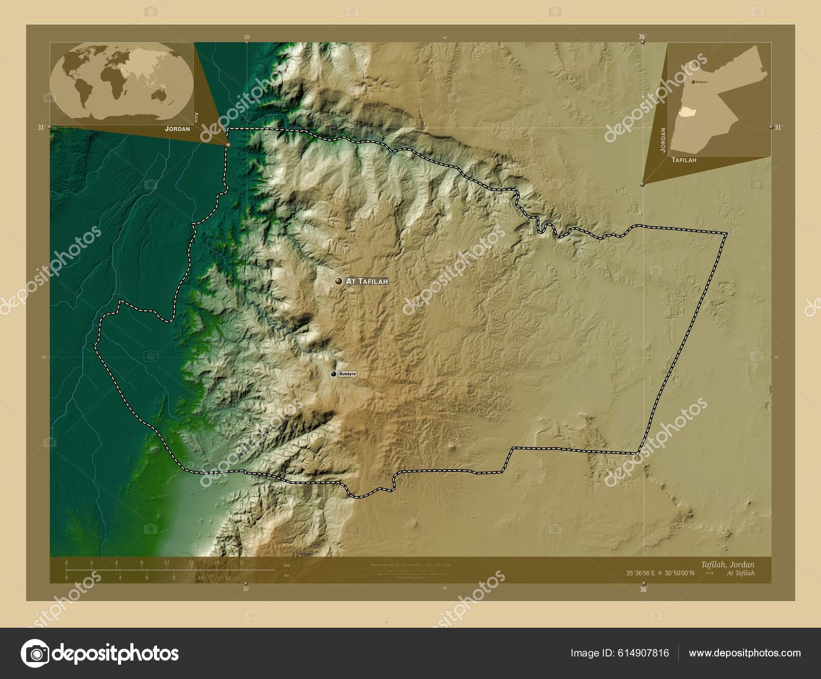 Tafilah Province Jordan Colored Elevation Map Lakes Rivers Locations Names — Stock Photo ...