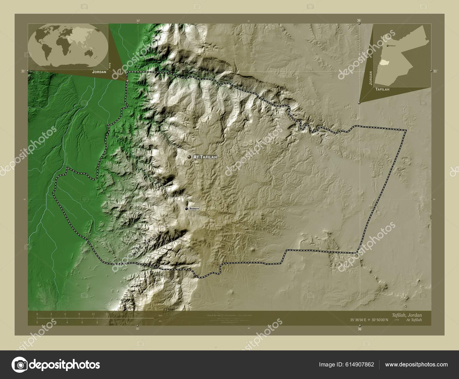 Tafilah Province Jordan Elevation Map Colored Wiki Style Lakes Rivers ...