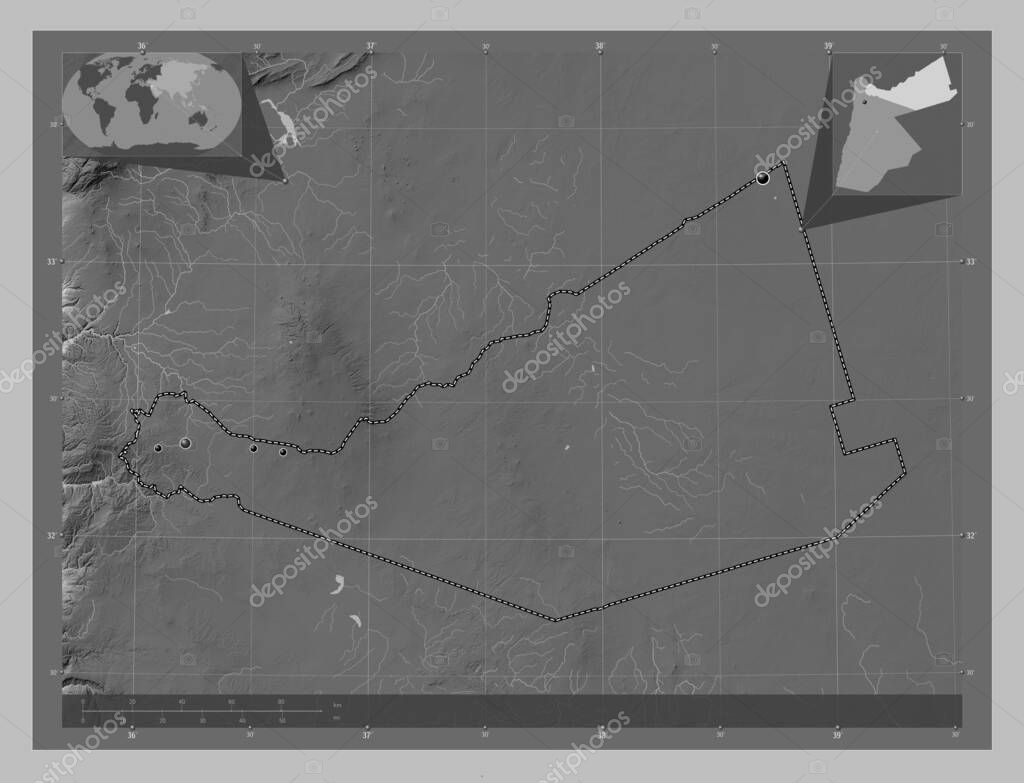 Mafraq, provincia de Jordania. Mapa de elevación a escala de grises con ...